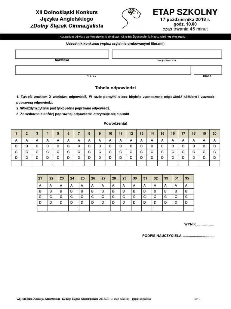Arkusz Szkolny Jezyk Angielski Slazak 2018 | PDF