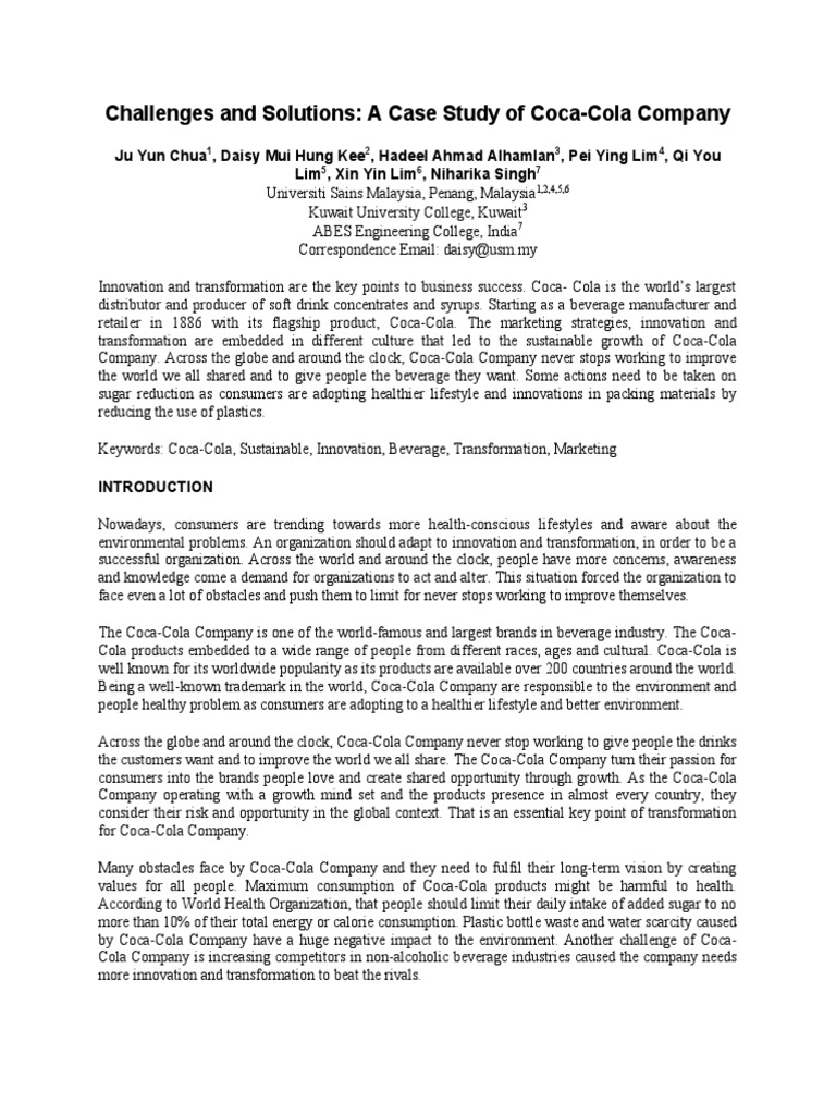 Challenges and Solutions | PDF | Coca Cola | The Coca Cola Company