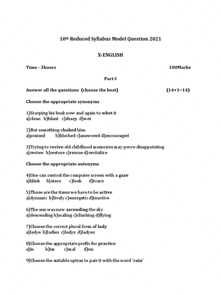 10th English Quarterly Model Paper 2021 | PDF