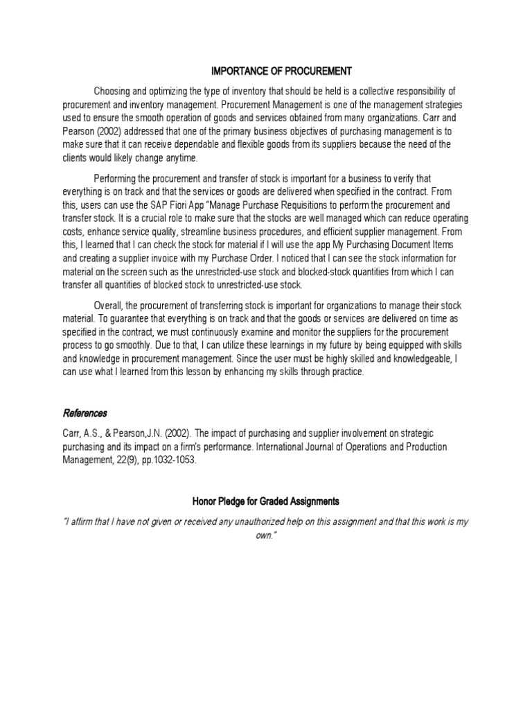Assignment 2.2 - Reflection Paper Importance of Procurement - Transfer ...