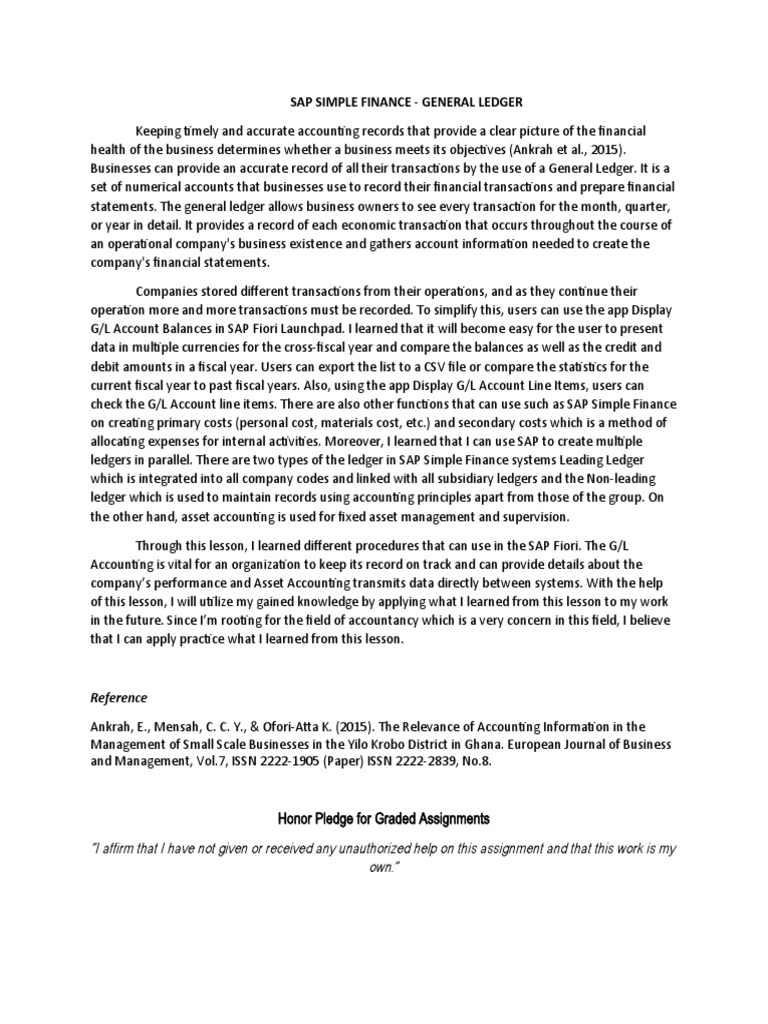 Assignment 2.3 - Reflection Paper SAP Simple Finance - General Ledger ...