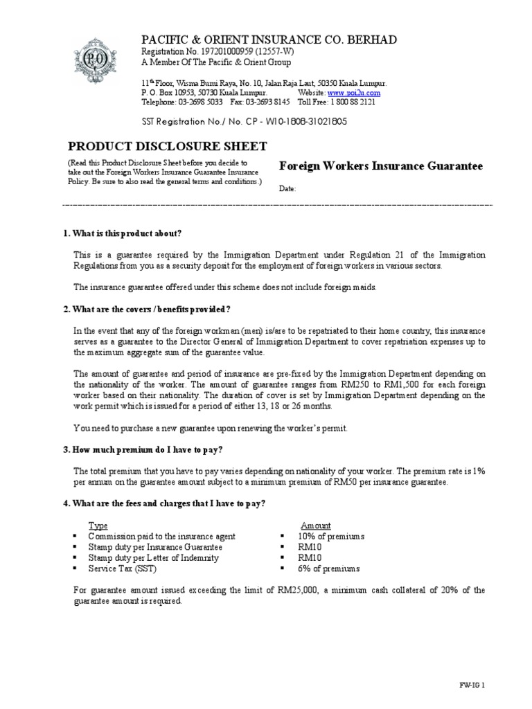 P o Product Disclosure Sheet - Foreign Workers Insurance Guarantee ...