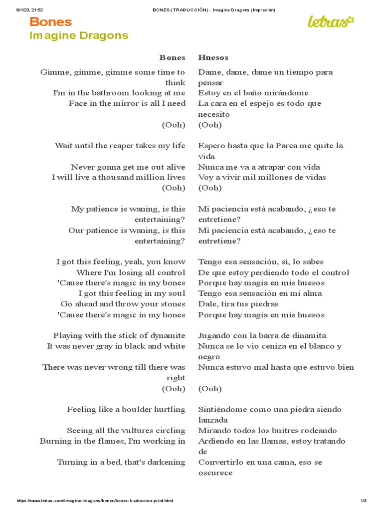 BONES (TRADUCCIÓN) - Imagine Dragons (Impresión) | PDF | Industria de la música | música americana