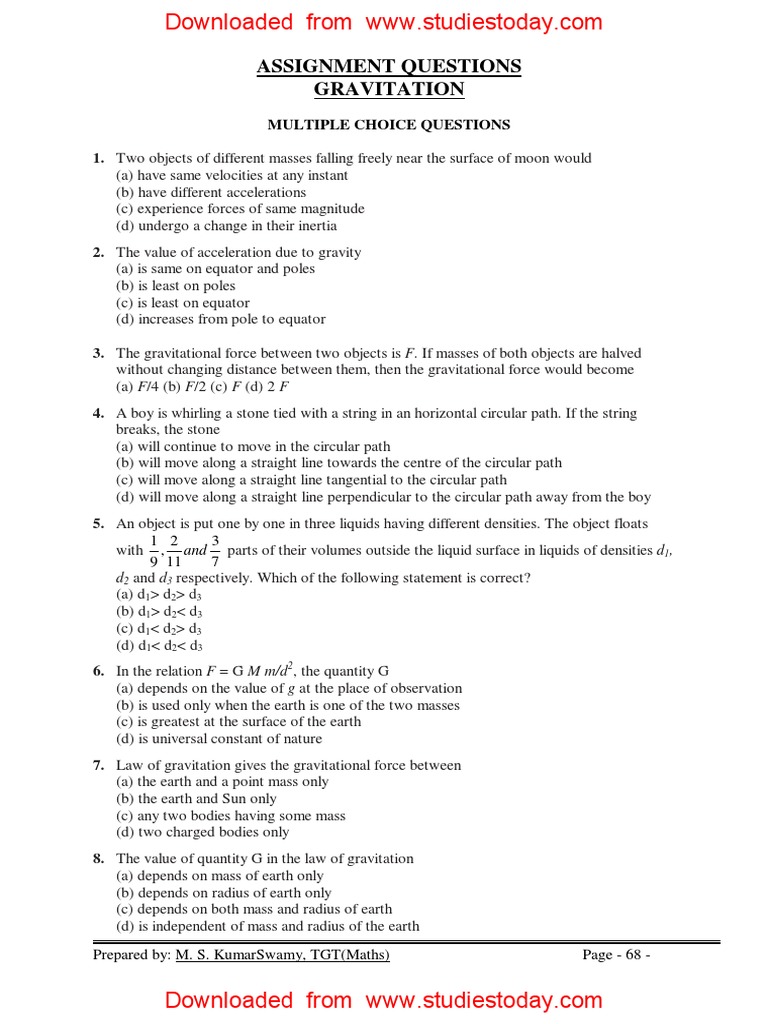 Cbse Class 9 Physics Worksheet Gravitation Pdf Mass Weight