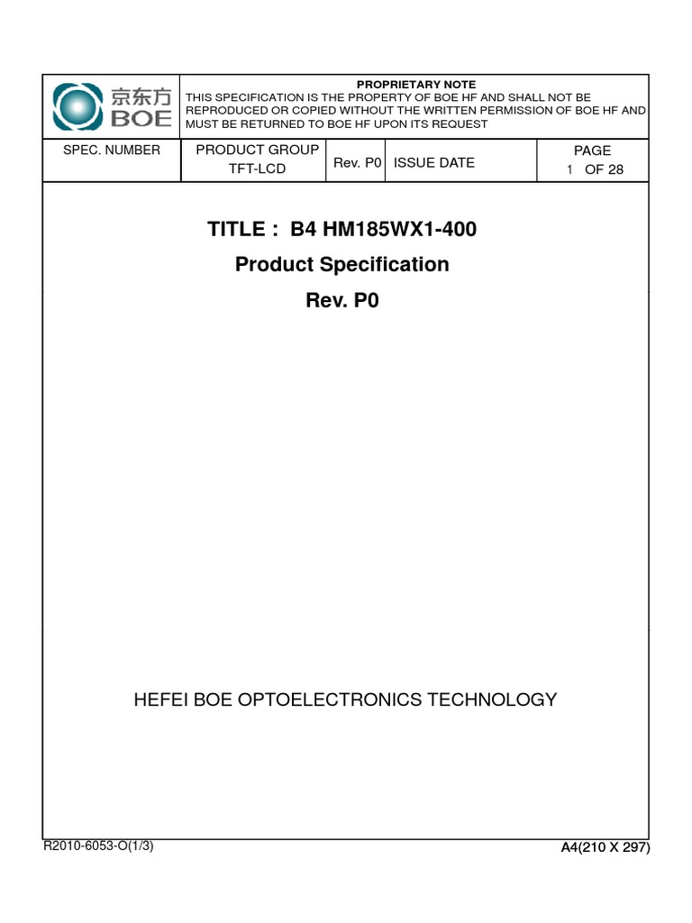 HM185WX1 400 Boe | PDF | Thin Film Transistor Liquid Crystal Display | Film And Video Technology
