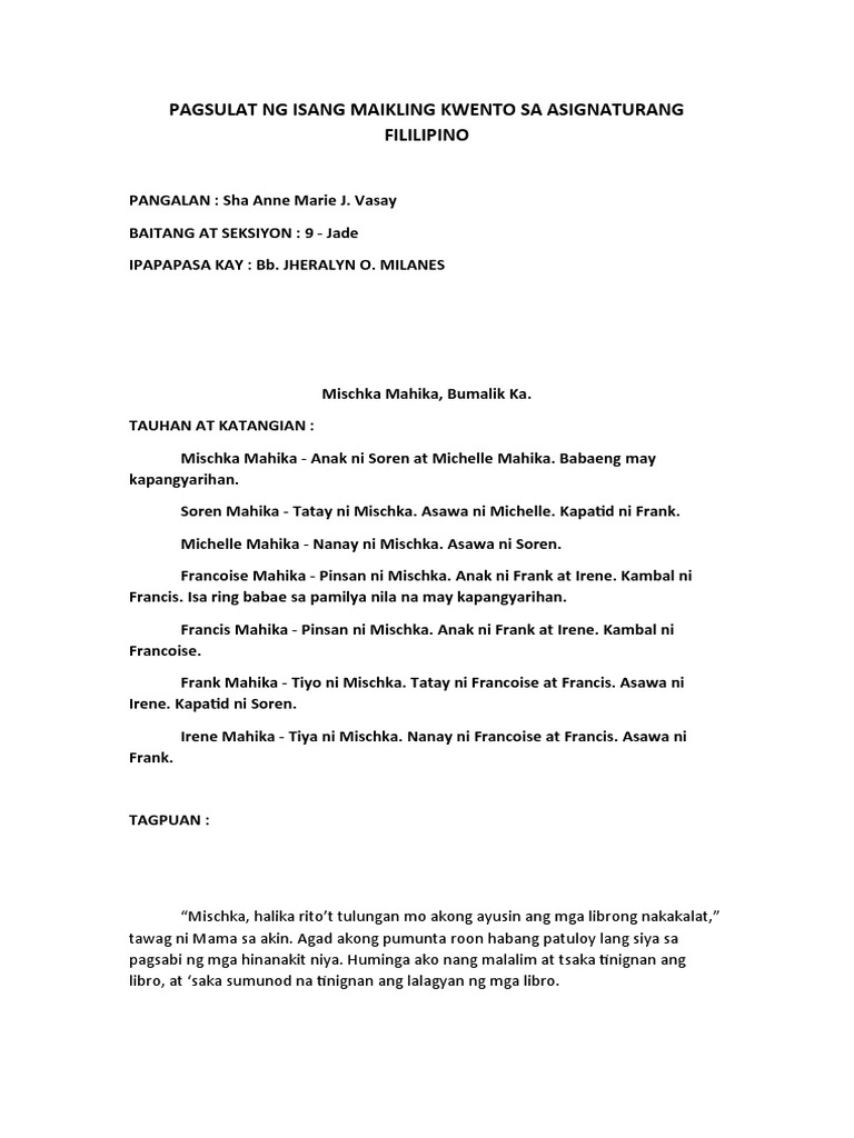 Mischka Mahika - Maikling Kwento PT 2ndQ | PDF