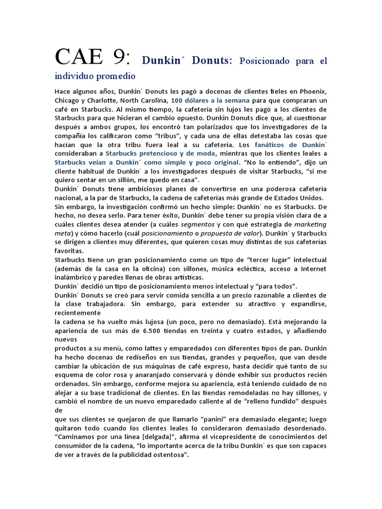 CAE # 9 DUNKIN DONUTS - Diferenciación y Posicionamiento 209 | PDF | Starbucks | Marketing