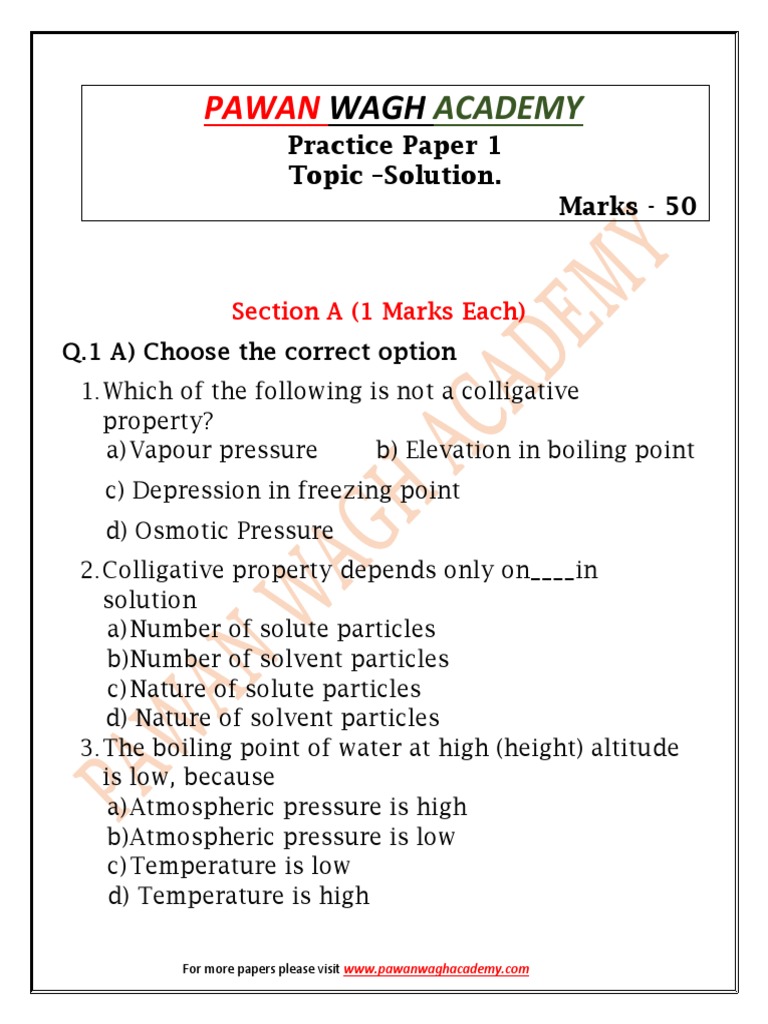 Solutions Class 12th Practice Paper 1 | PDF | Chemistry | Applied And Interdisciplinary Physics