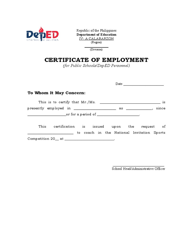 Certificate of Employment DepED Personnel | PDF