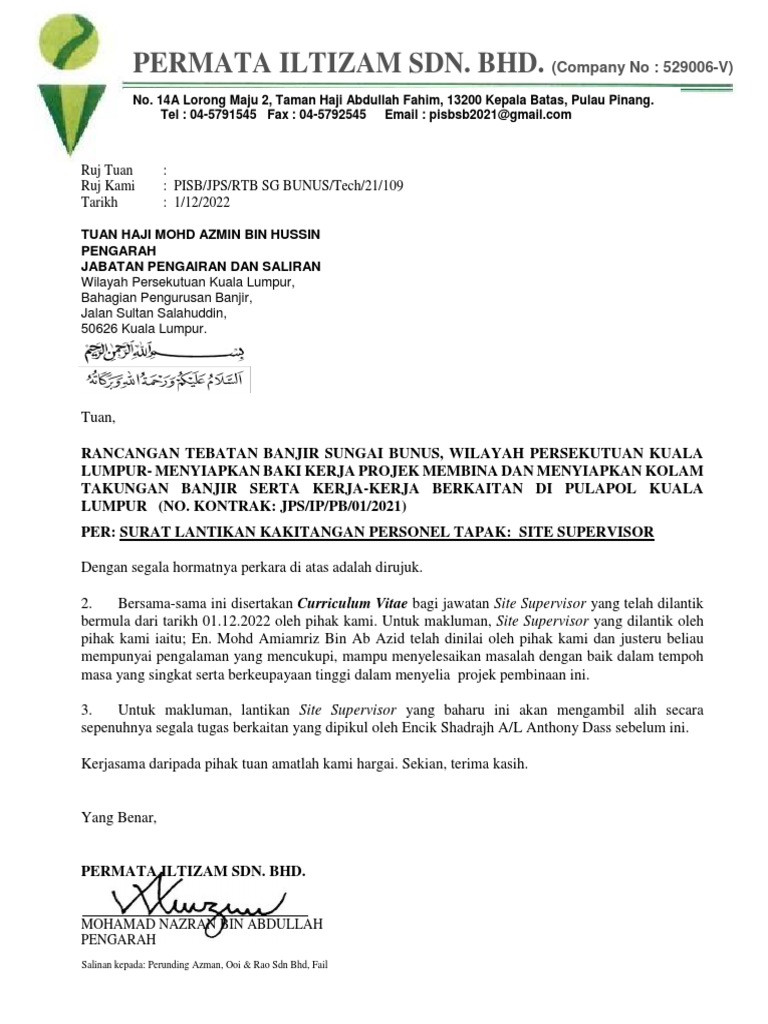 109 - Surat Lantikan Site Supervisor | PDF