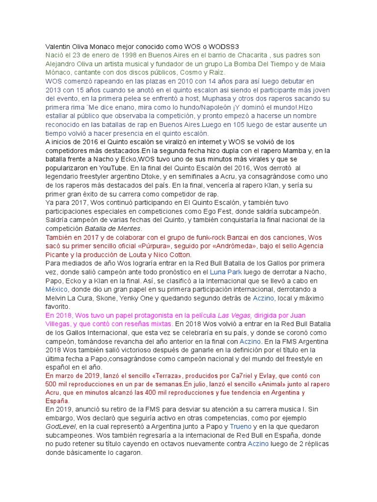 Valentin Oliva Monaco Mejor Conocido Como WOS o WODSS3 | PDF | Hip hop