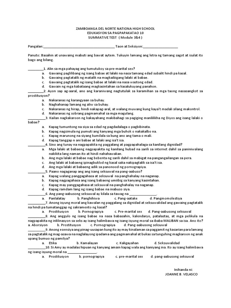 EDUKASYON SA PAGPAPAKATAO 10 Module 34 4th Quarter 1 | PDF