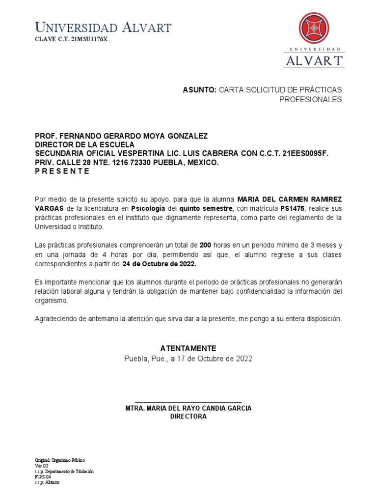 Carta Solicitud Practicas Profesionales | PDF