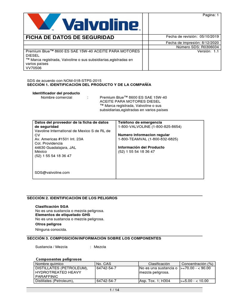 Aceite 15w40 Valvolai Hds Pdf Toxicidad Ciencias Fisicas