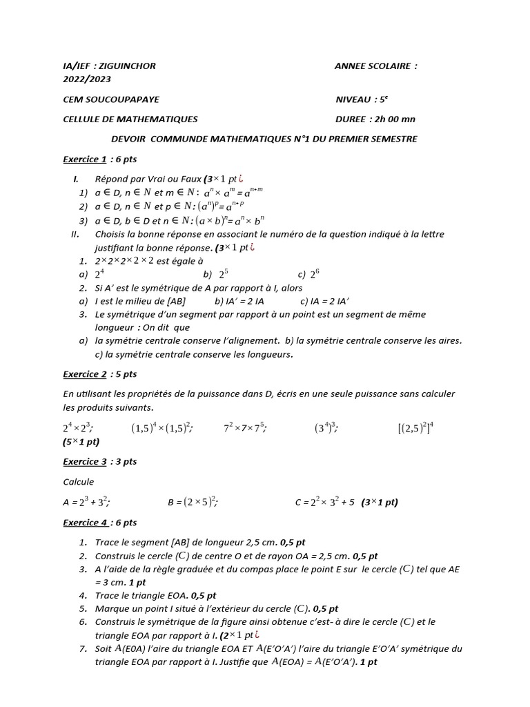 DEVOIR COMMUN MATHS 5e N°1 DEC 2022 | PDF