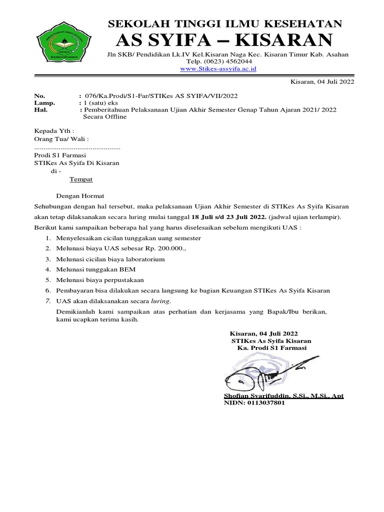 076, Surat Pemberitahuan UAS Genap (Mahasiswa) | PDF