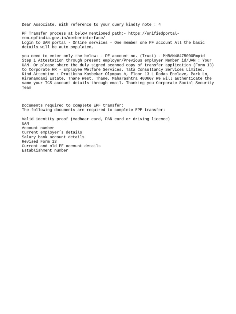 PF Transfer Process & Documents | PDF