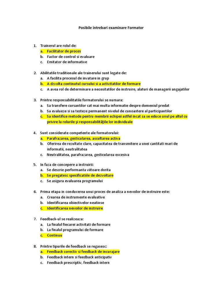 Posibile Intrebari Examen Formator | PDF