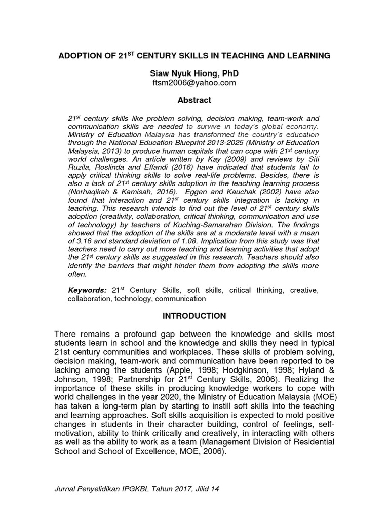 Assessing the Adoption of 21st Century Skills in Teaching and Learning ...