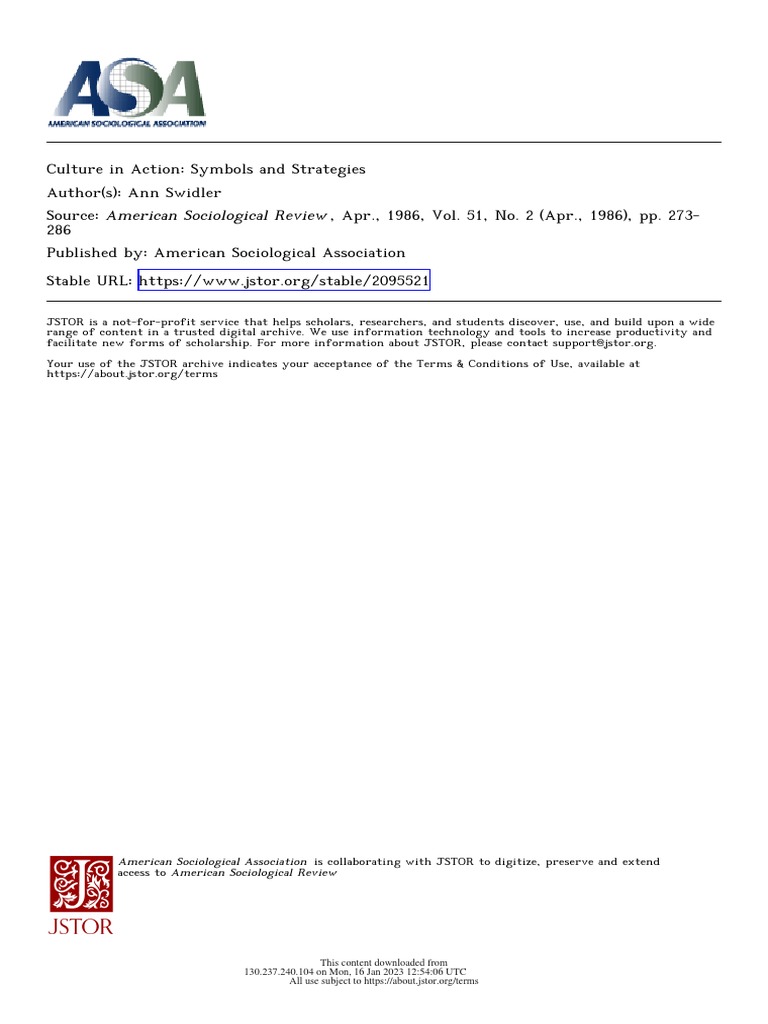 Swidler's Culture in Action Analysis | PDF | Max Weber | Sociology