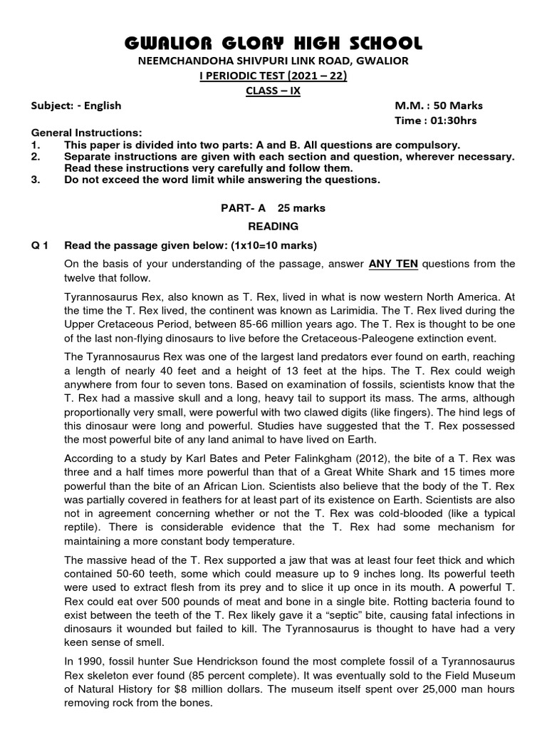 Class 9 English Periodic Test 1 Paper | PDF | Tyrannosaurus