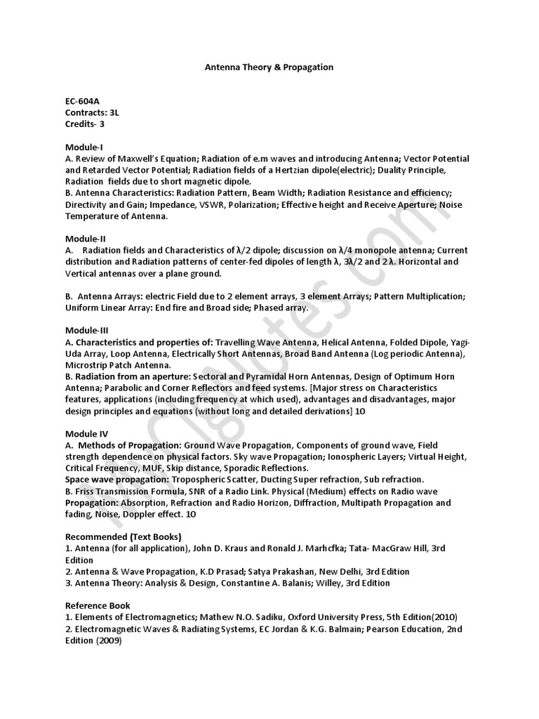 Antenna Theory & Propagation (EC 604A) | PDF | Antenna (Radio) | Radio ...