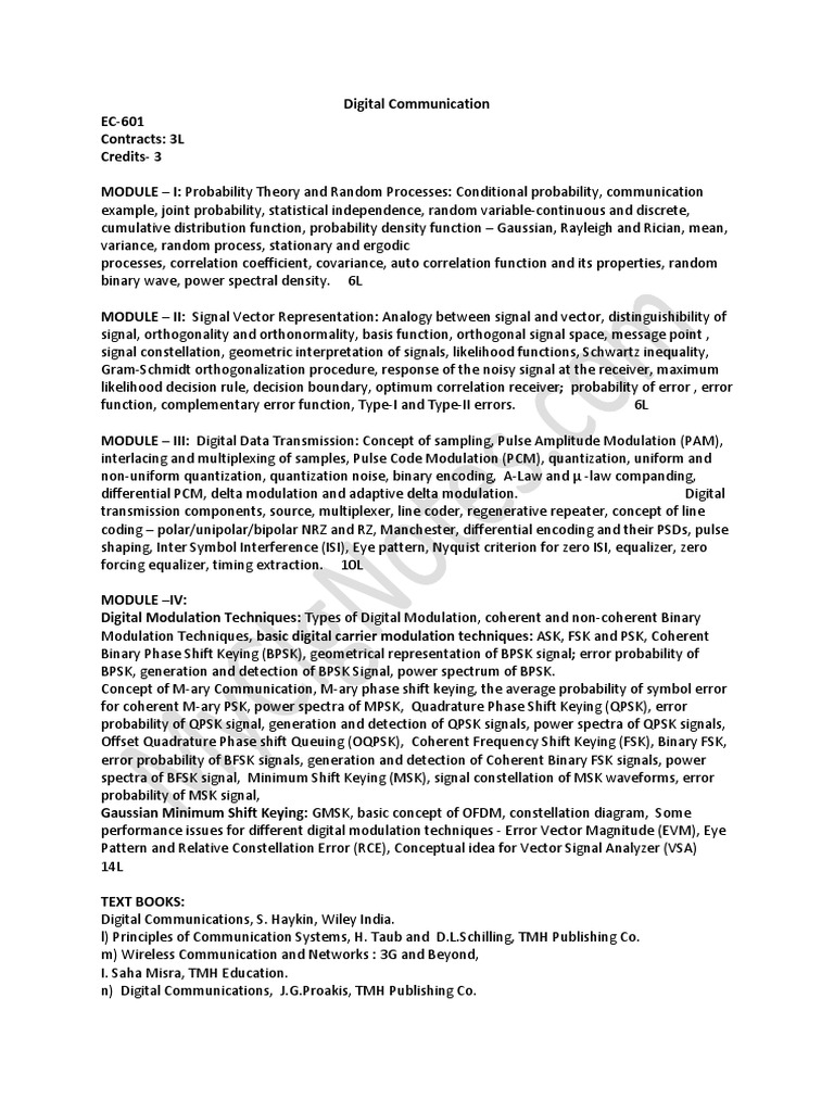Digital Communication (EC 601) | PDF | Modulation | Telecommunications Engineering