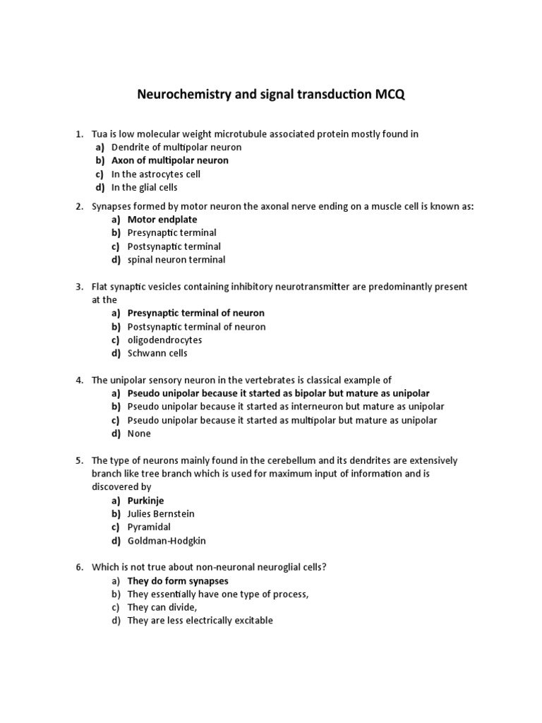 MCQ of Neurochemistry and Signal Transduction-2022-Final | PDF | Neuron | Synapse