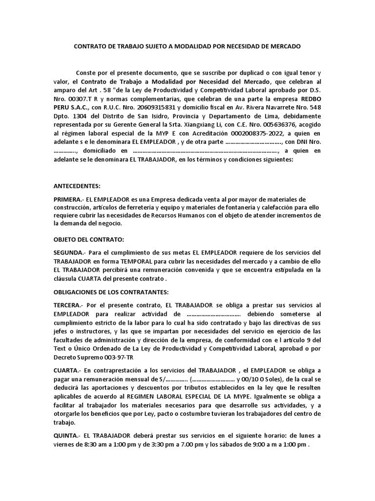 Contrato de Trabajo Sujeto A Modalidad Por Necesidad de Mercado | PDF | Derecho laboral | Salario