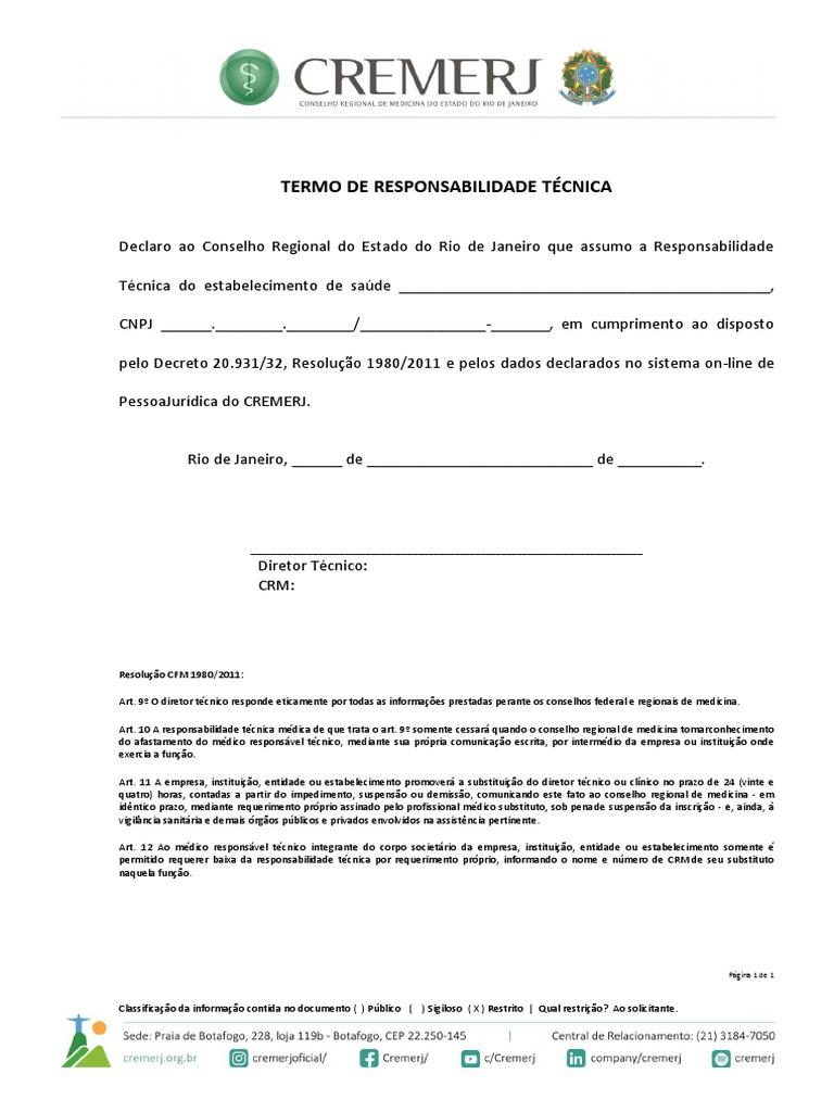 Termo - de - Responsabilidade - Tecnica CREMERJ | PDF