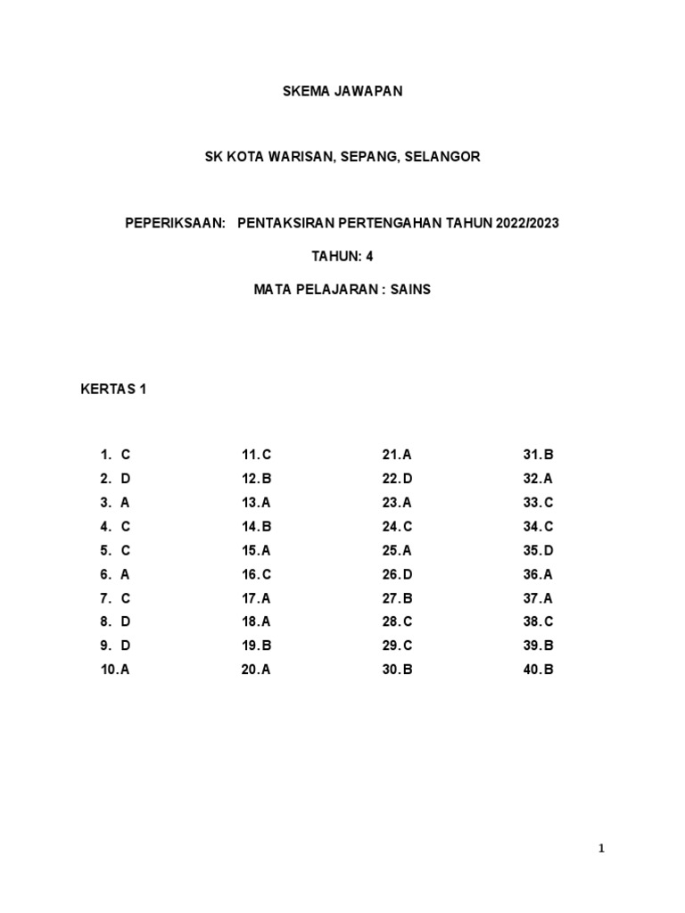 Skema Jawapan Sains Tahun 4 PPT 2022 2023 | PDF