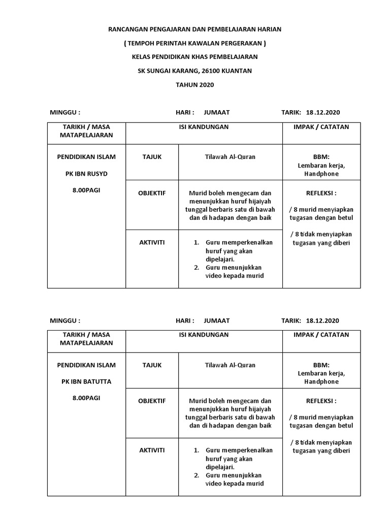 Rancangan Pengajaran Dan Pembelajaran Harian | PDF