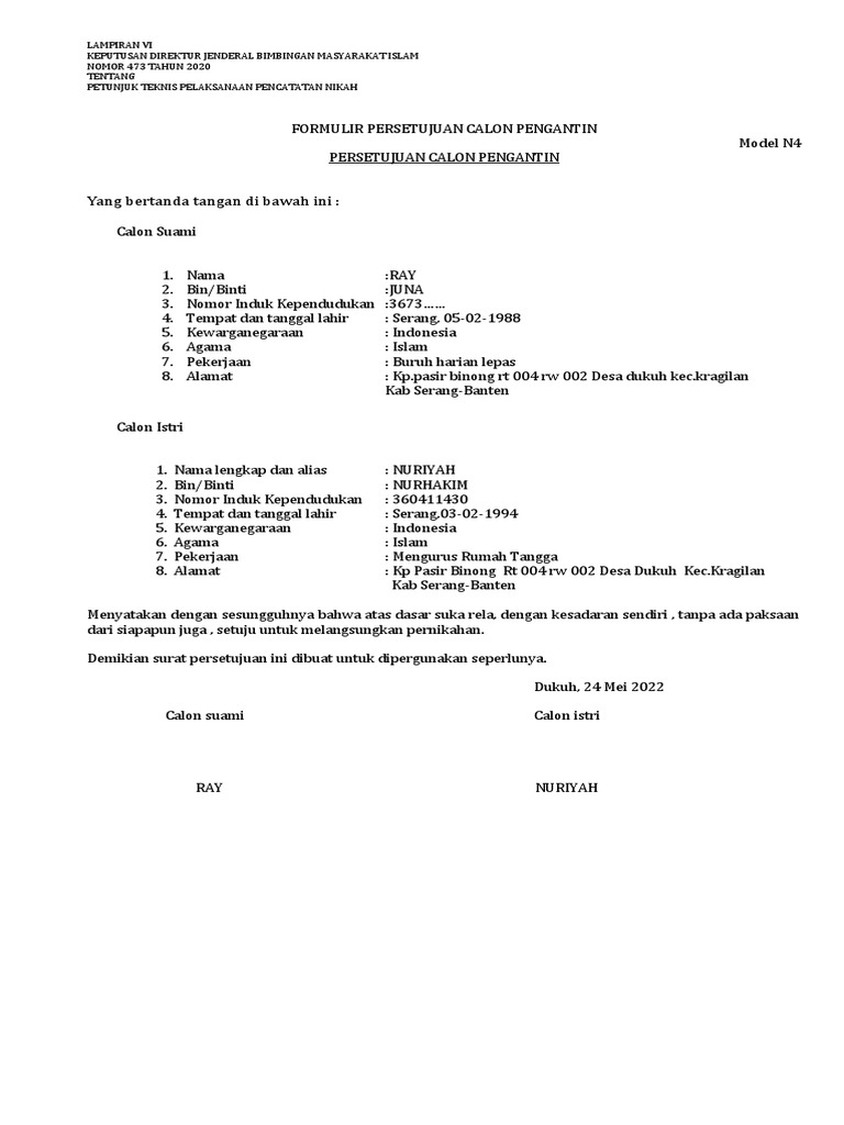 Contoh Formulir Persetujuan Calon Pengantin | PDF