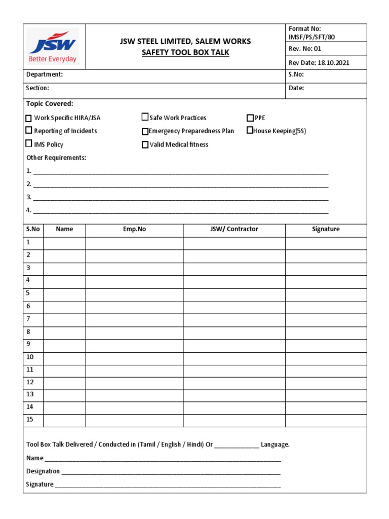 JSW Steel Salem Works Safety Tool Box Talk | PDF