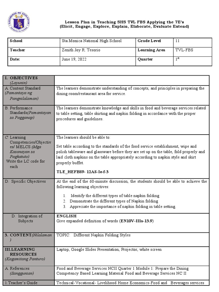 A Seven-Step Lesson Plan for Teaching Different Napkin Folding Styles ...