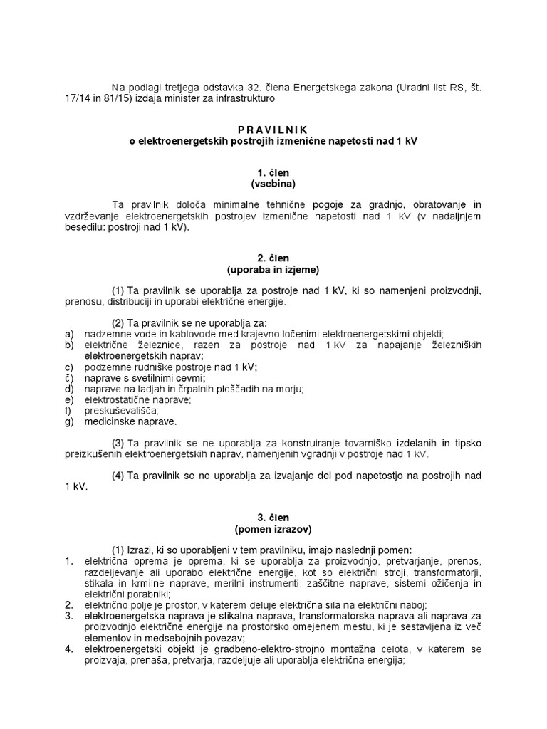 Pravilnik o Elektroenergetskih Postrojih Izmenične Napetosti Nad 1 KV | PDF