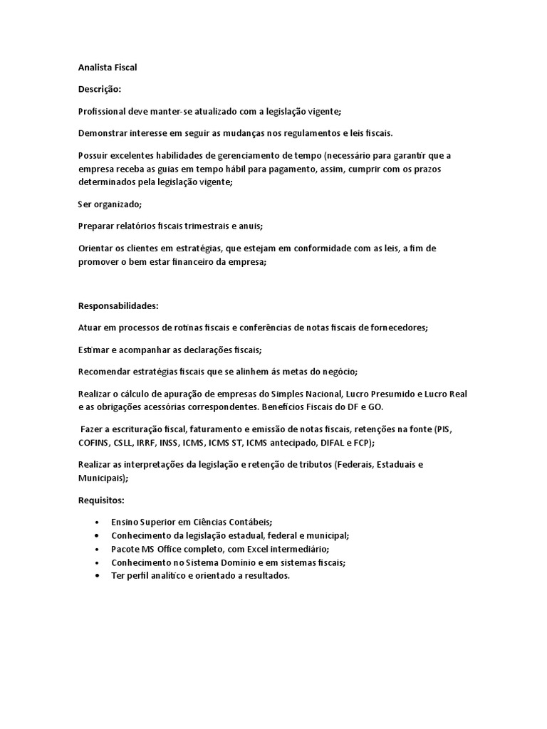 Modelo Desc Cargo Analista Fiscal | PDF