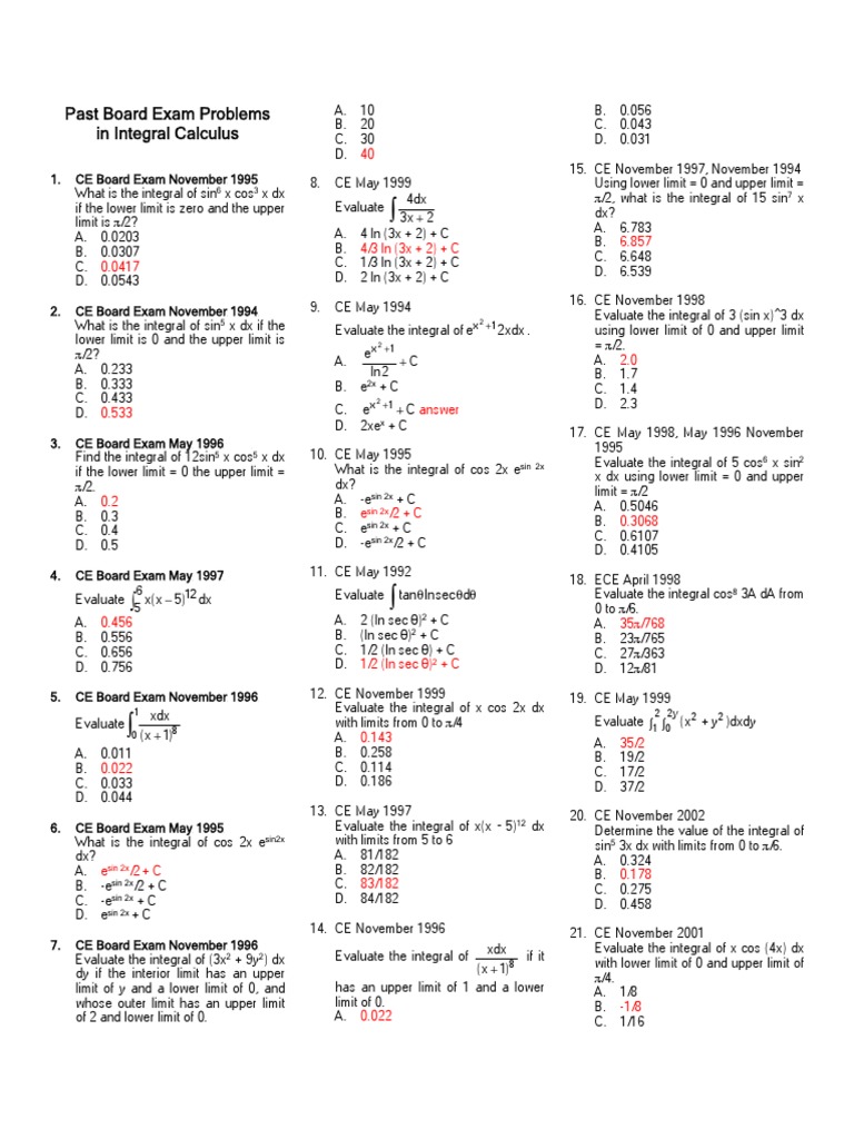 Integral Calculus Board Exam Problems | PDF | Area | Integral