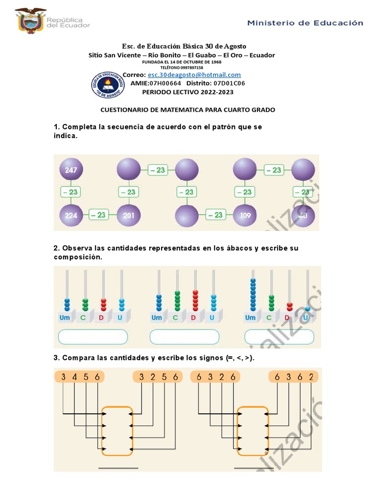 Cuestionario de Matematicas 4to Grado | PDF