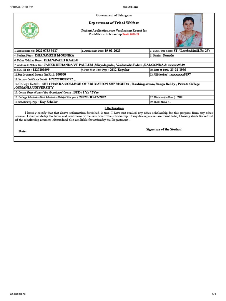 Scholarship Applications 2023 Mounika | PDF | Government