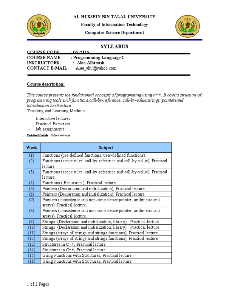 Programming Language 2 - Syllabus | PDF | Pointer (Computer Programming ...