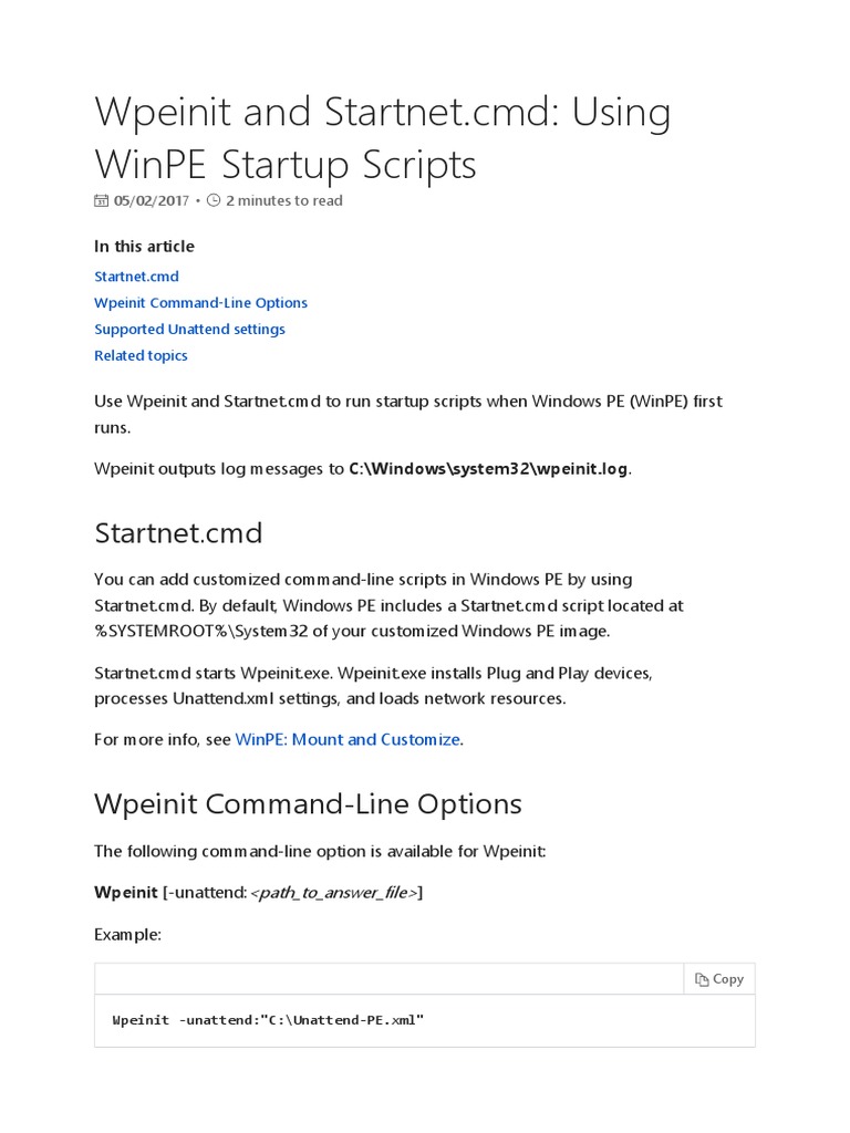 Wpeinit and Startnet - CMD Using WinPE Startup Scripts | PDF