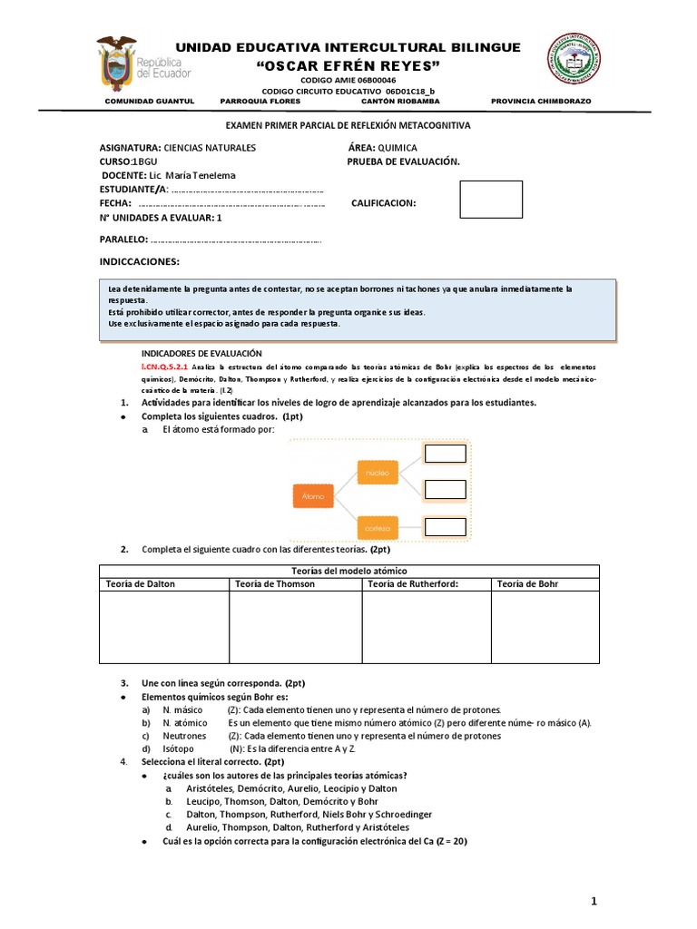 Ev - Quimica 1bgu U1 | PDF | Átomos | Isótopo