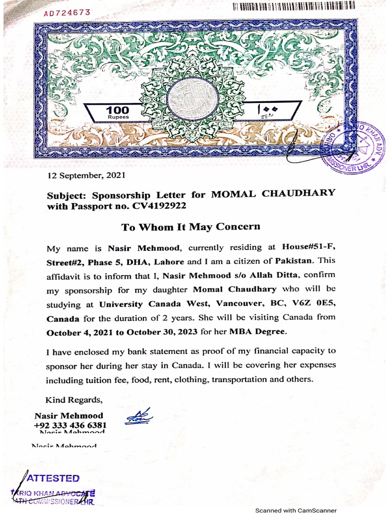 Affidavit Sponsorship by Father | PDF