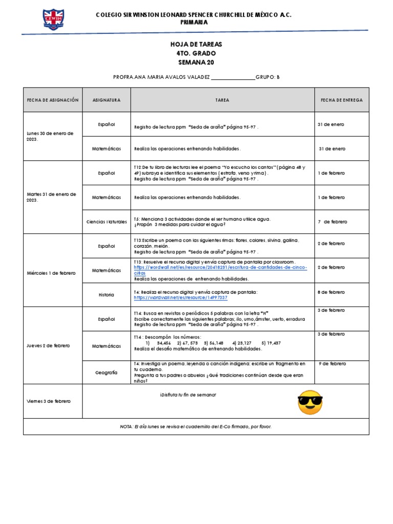 4año - Hoja de Tareas - Sem 20 | PDF