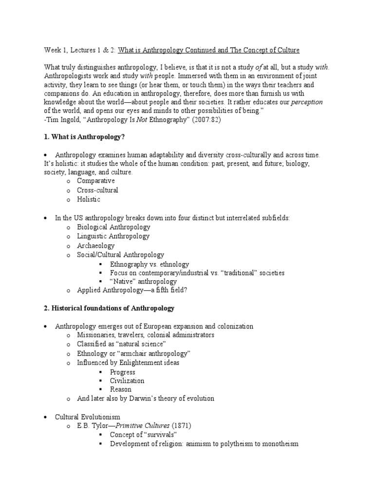 Week 1 Lectures 1and2 Outline Pdf Anthropology Franz Boas