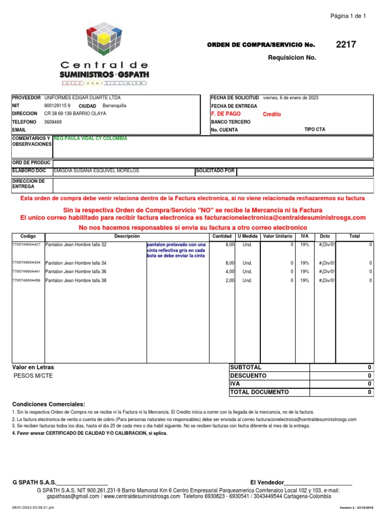 Orden de Compra Uniformes 2023 | PDF | Factura | Business