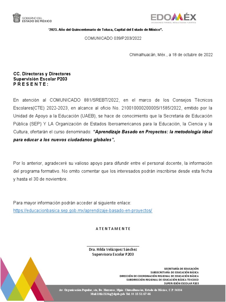 p203 Comunicado Aprendizaje Basado en Proyectos | PDF