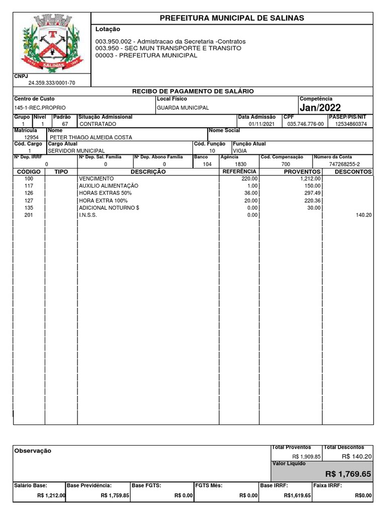 Contracheque | PDF | Hora extra | Despesa