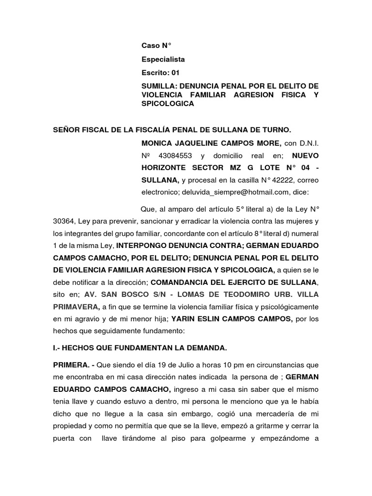 DENUNCIA FAMILIAR AGRESION FISICA (1) | PDF | La violencia contra las ...